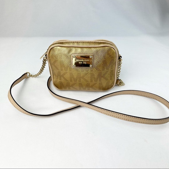 Michael Kors | Bags | Michael Kors Gold Metallic Monogram Mini ...